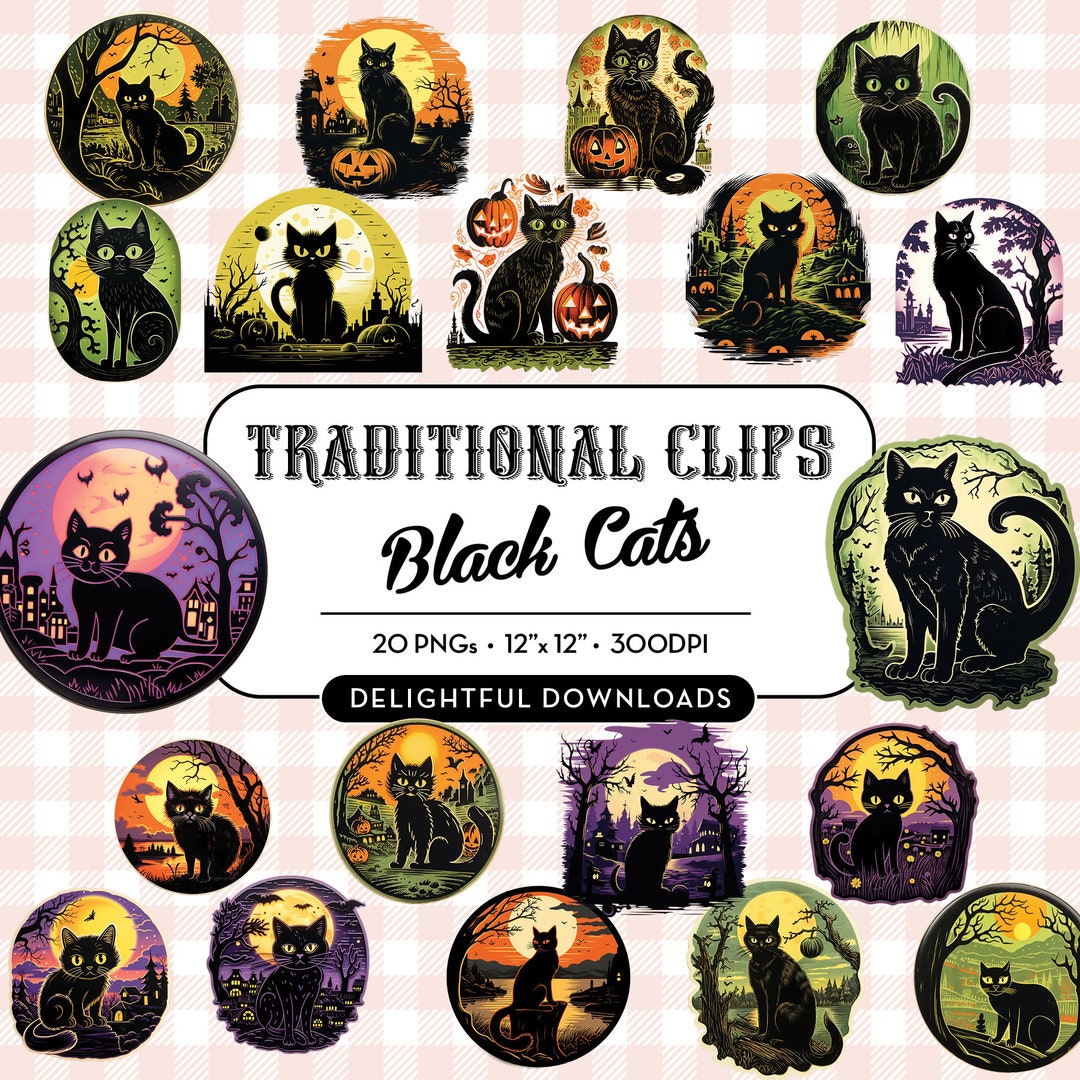 Halloween Clipart, Retro Traditional Style Black Cats, 20 Transparent ...