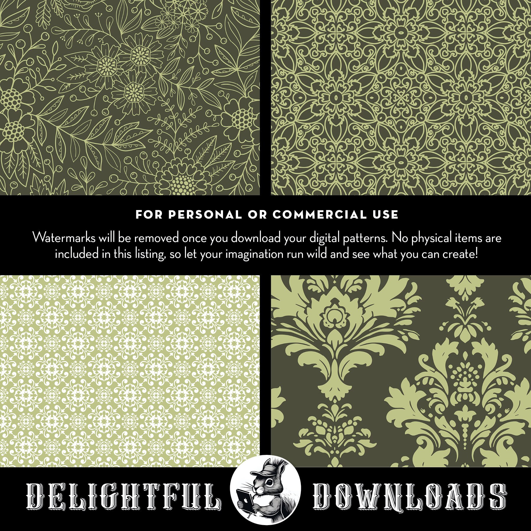 Olive Green Floral Digital Paper, 20 Seamless Olive Green Floral ...
