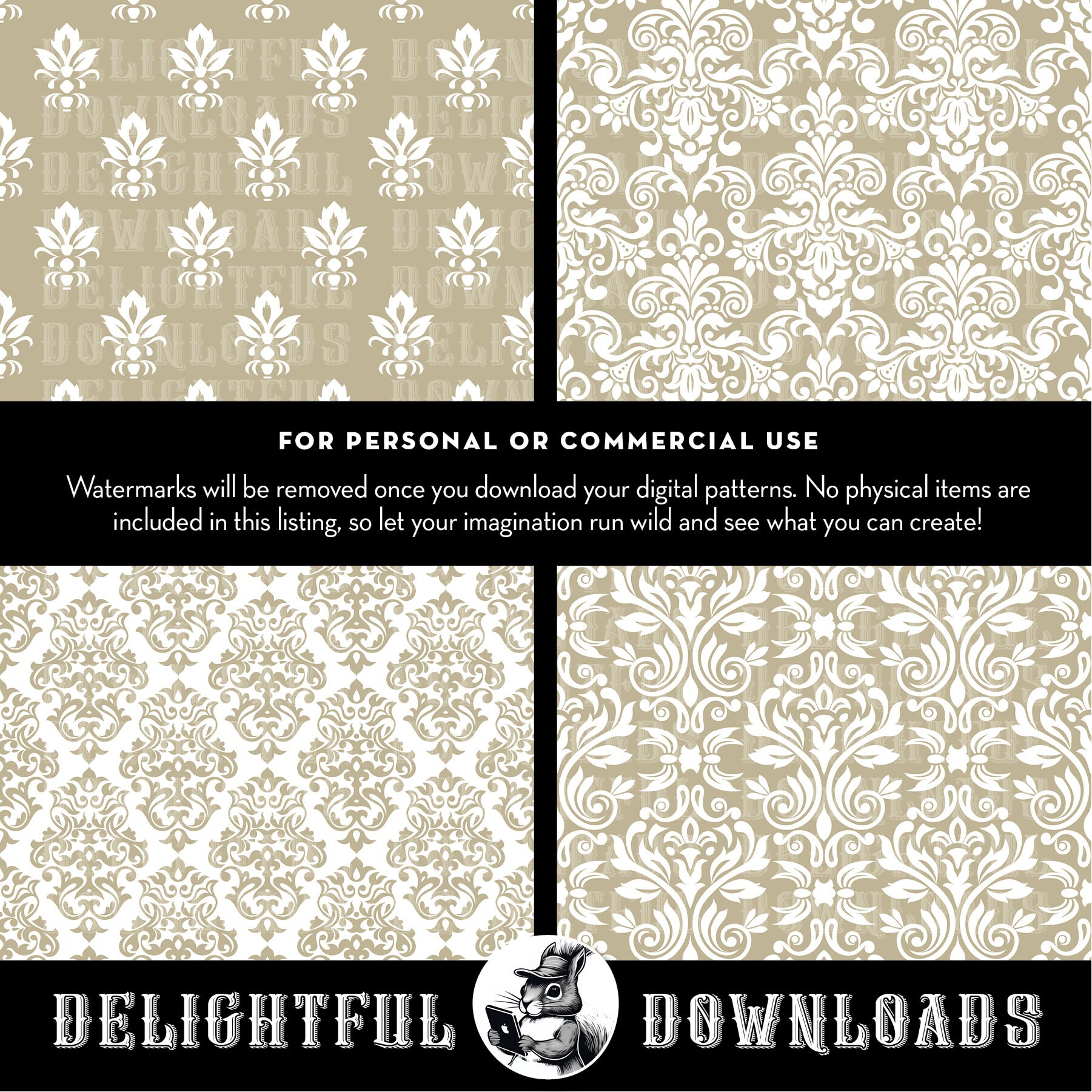Beige Digital Paper Set, Seamless Textures, Vintage Patterns, Damask ...