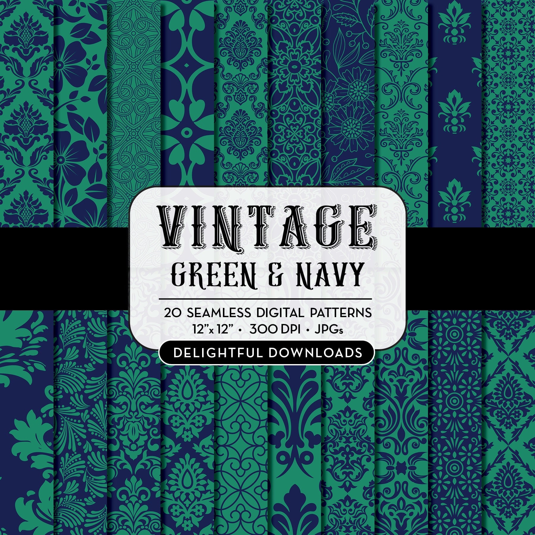 Green and Navy Floral Digital Paper 20 Navy Blue and Green - Etsy