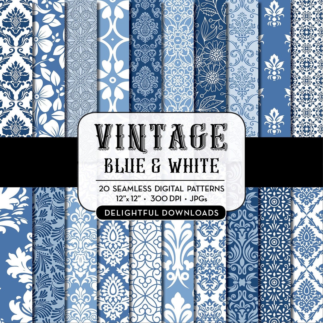 Blue Floral Digital Paper "20 VINTAGE Blues" With 20 Blue Floral Damask ...