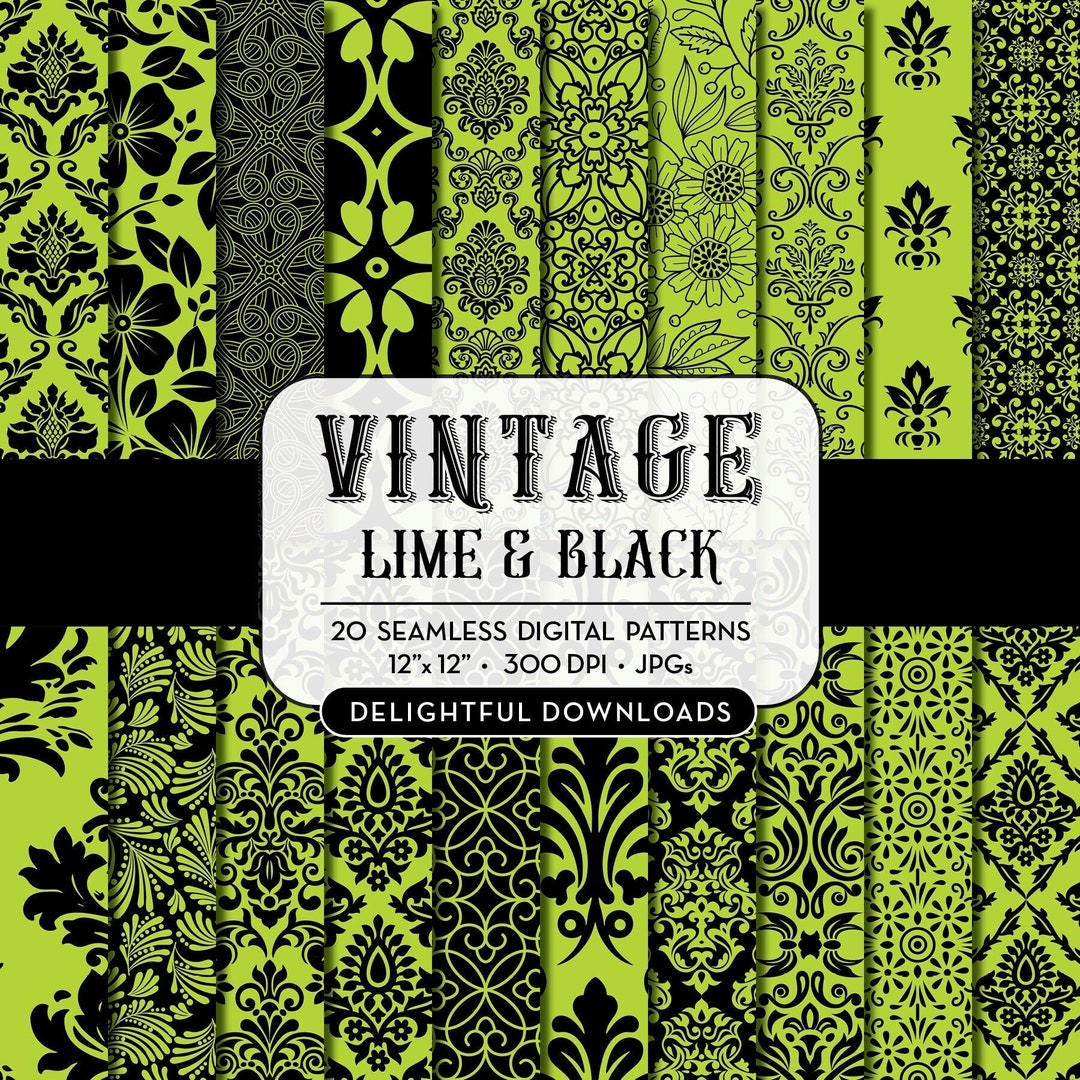 Lime Green and Black Floral Digital Paper 20 Green and Black Seamless ...