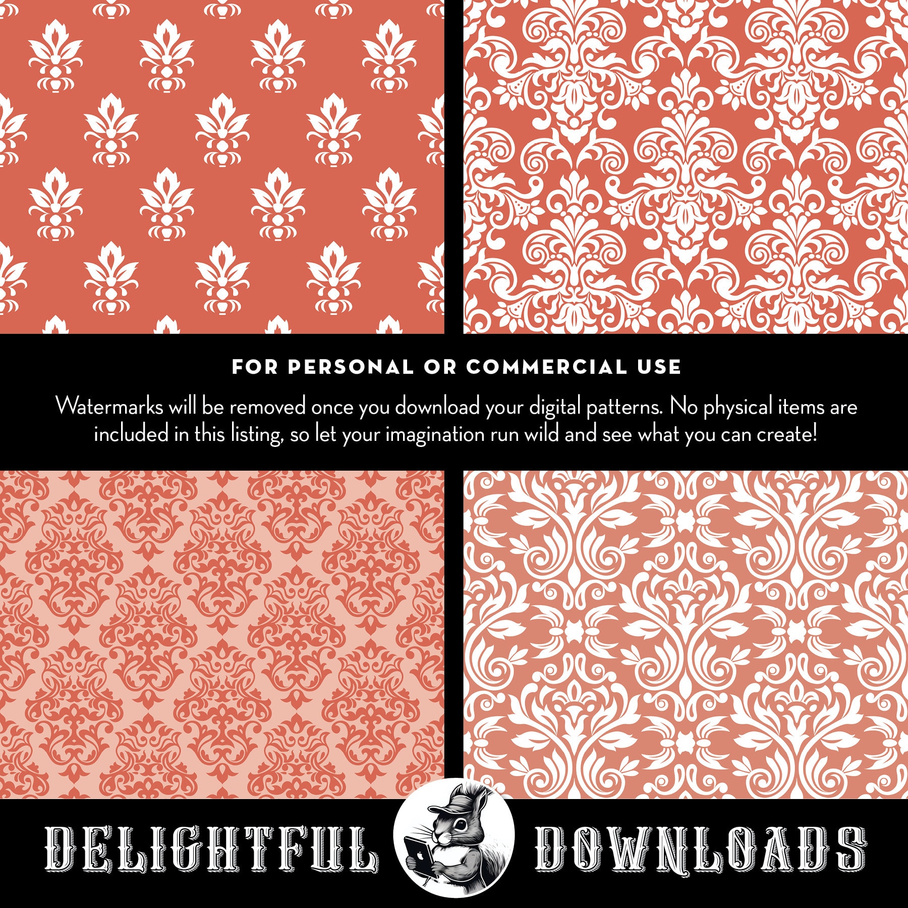 Coral Floral Digital Paper, 20 Coral Floral Damask Digital Papers for ...