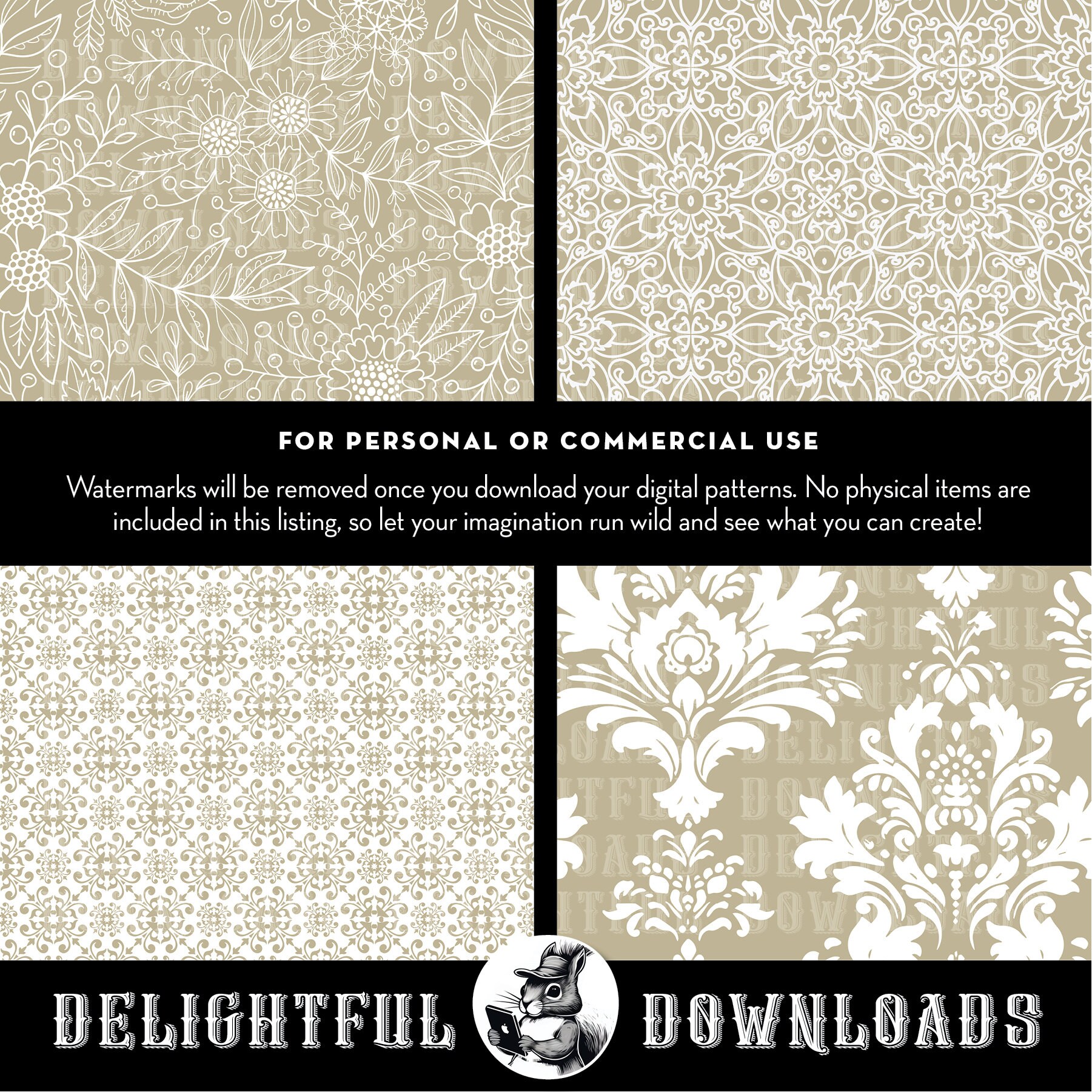 Beige Digital Paper Set, Seamless Textures, Vintage Patterns, Damask ...
