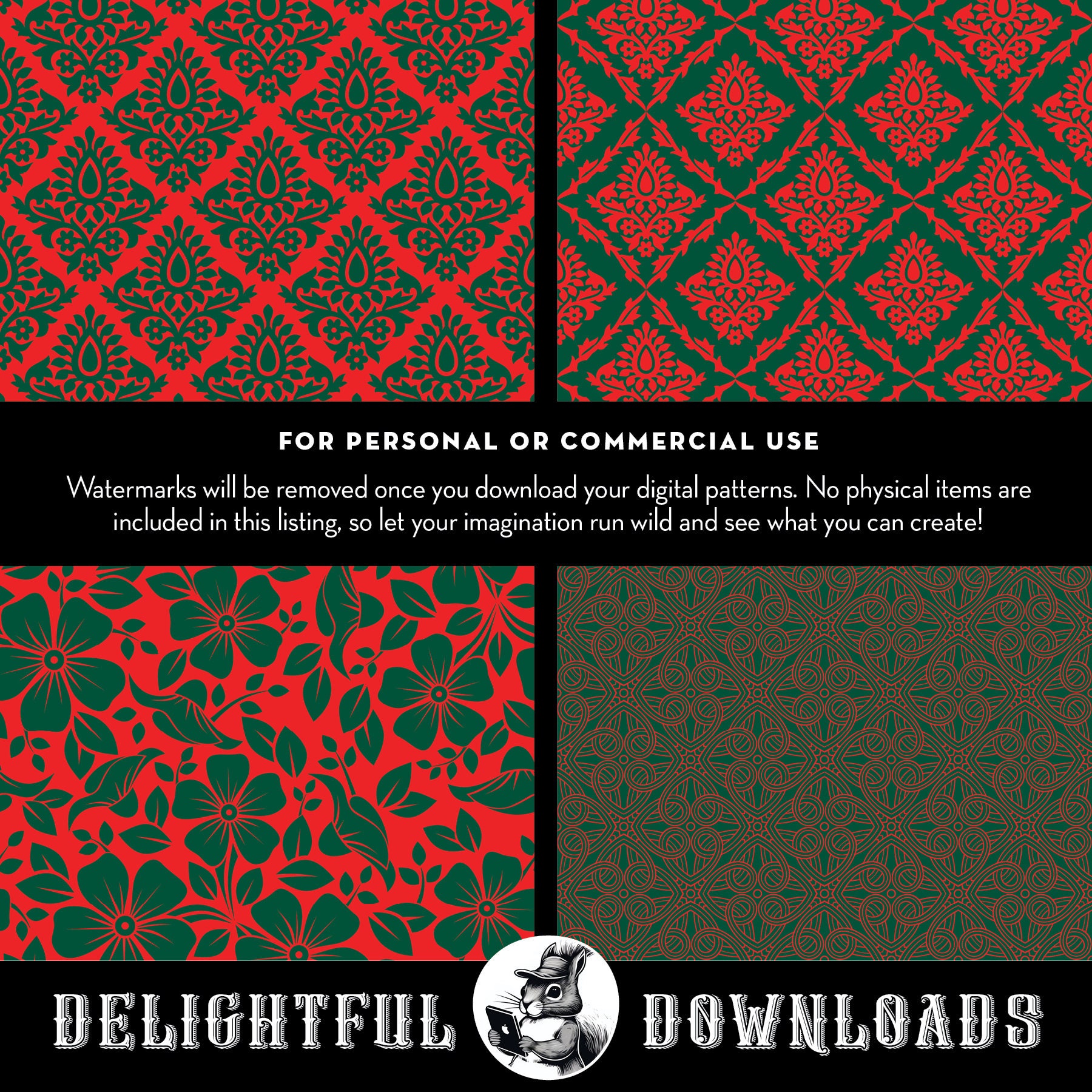 Red and Green Floral Digital Paper, 20 Green and Red Floral Digital ...