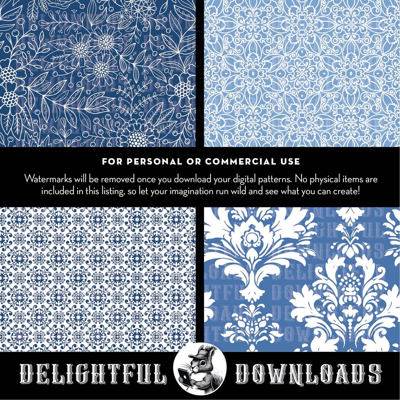 Blue Floral Digital Paper "20 VINTAGE Blues" With 20 Blue Floral Damask ...