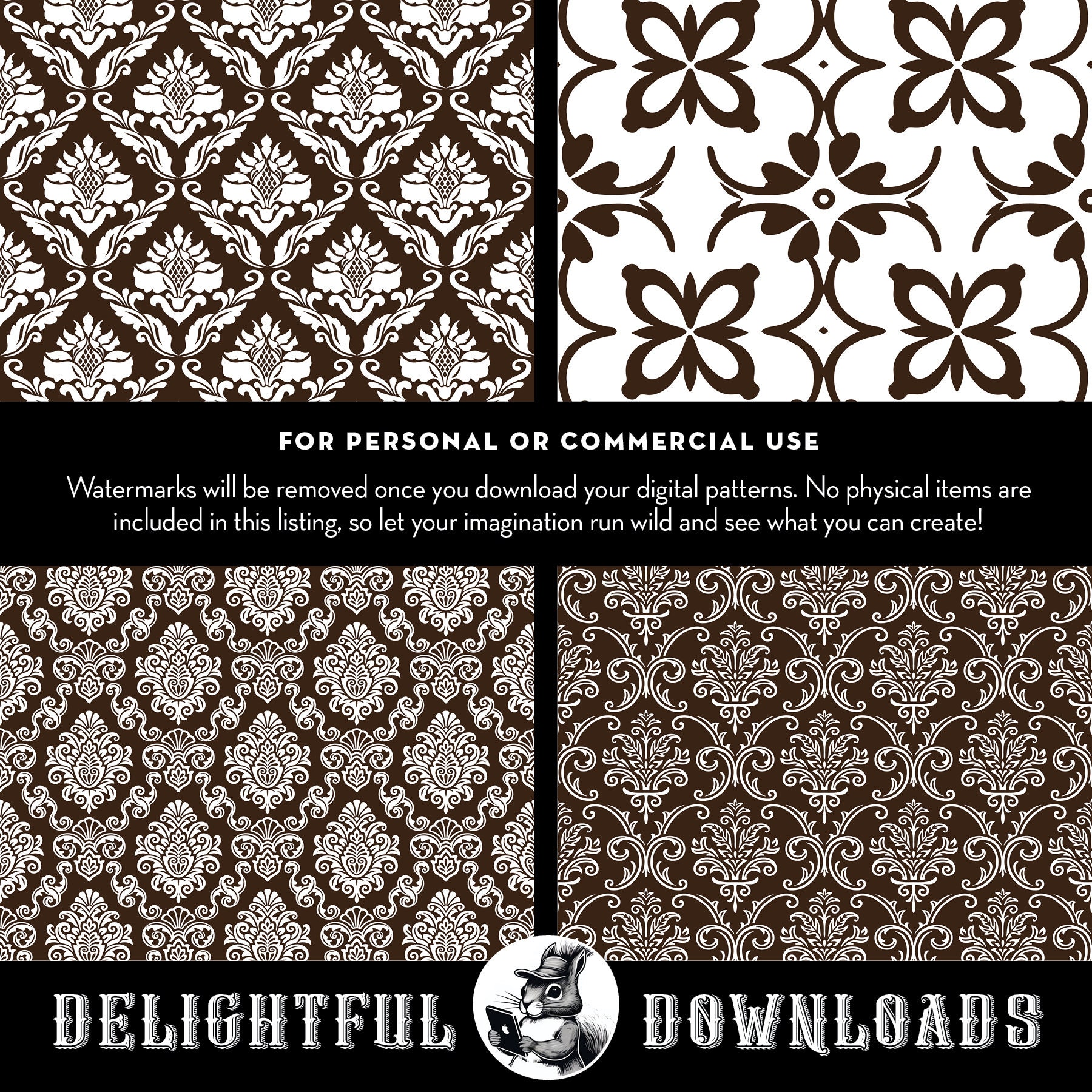 Brown and White Floral Digital Paper, 20 Brown Floral Damask Digital ...