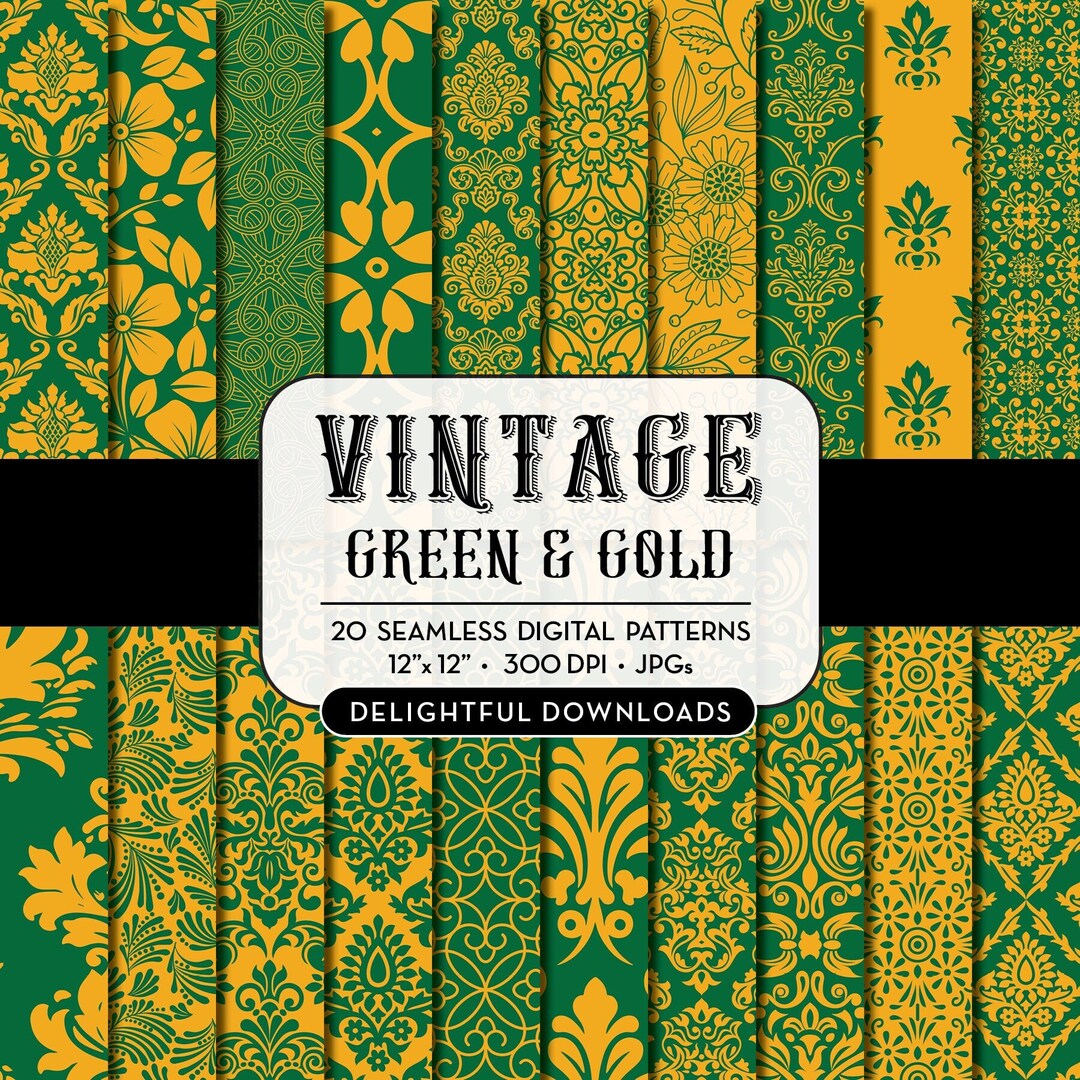 Green and Gold Floral Digital Paper "20 VINTAGE BRIGHTS - Green & Gold ...