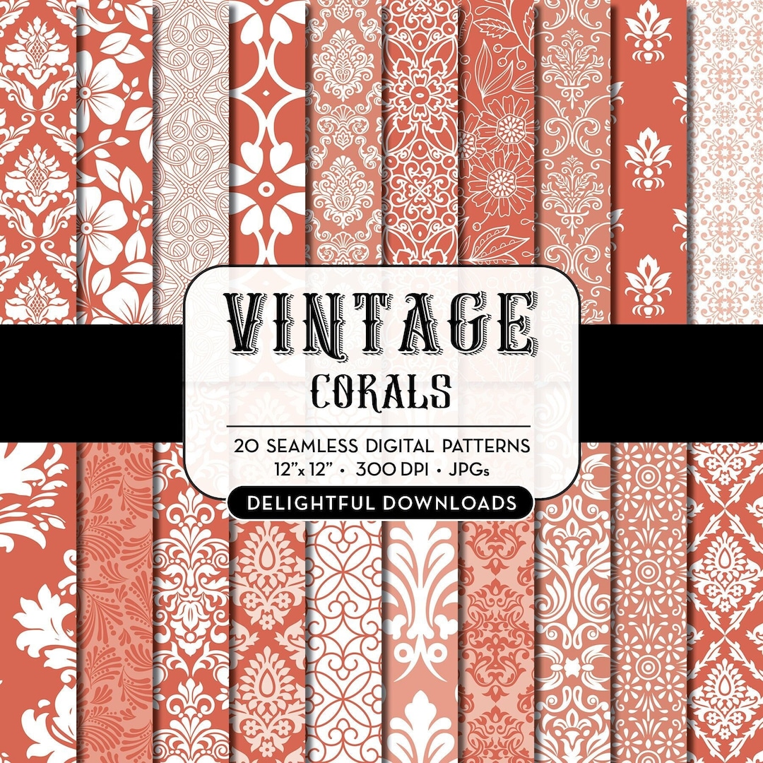 Coral Floral Digital Paper, 20 Coral Floral Damask Digital Papers for ...