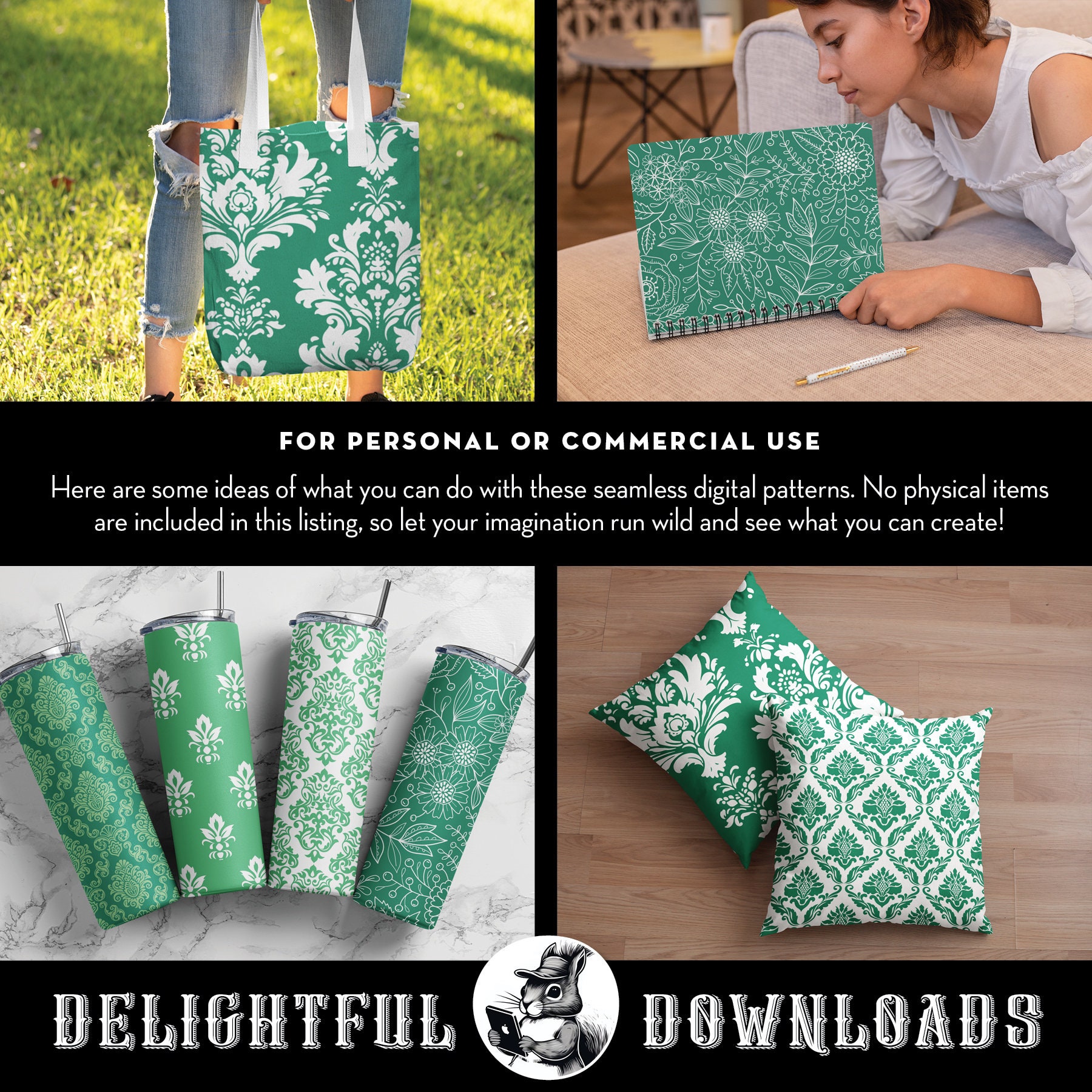 Green Floral Digital Paper, 20 Floral Damask Digital Papers for ...