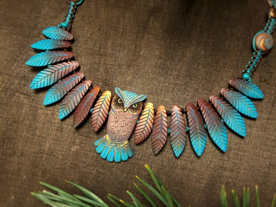 Owl Necklace Leaf Forest Birds Wings Colorful Turquoise Feathers Bird ...
