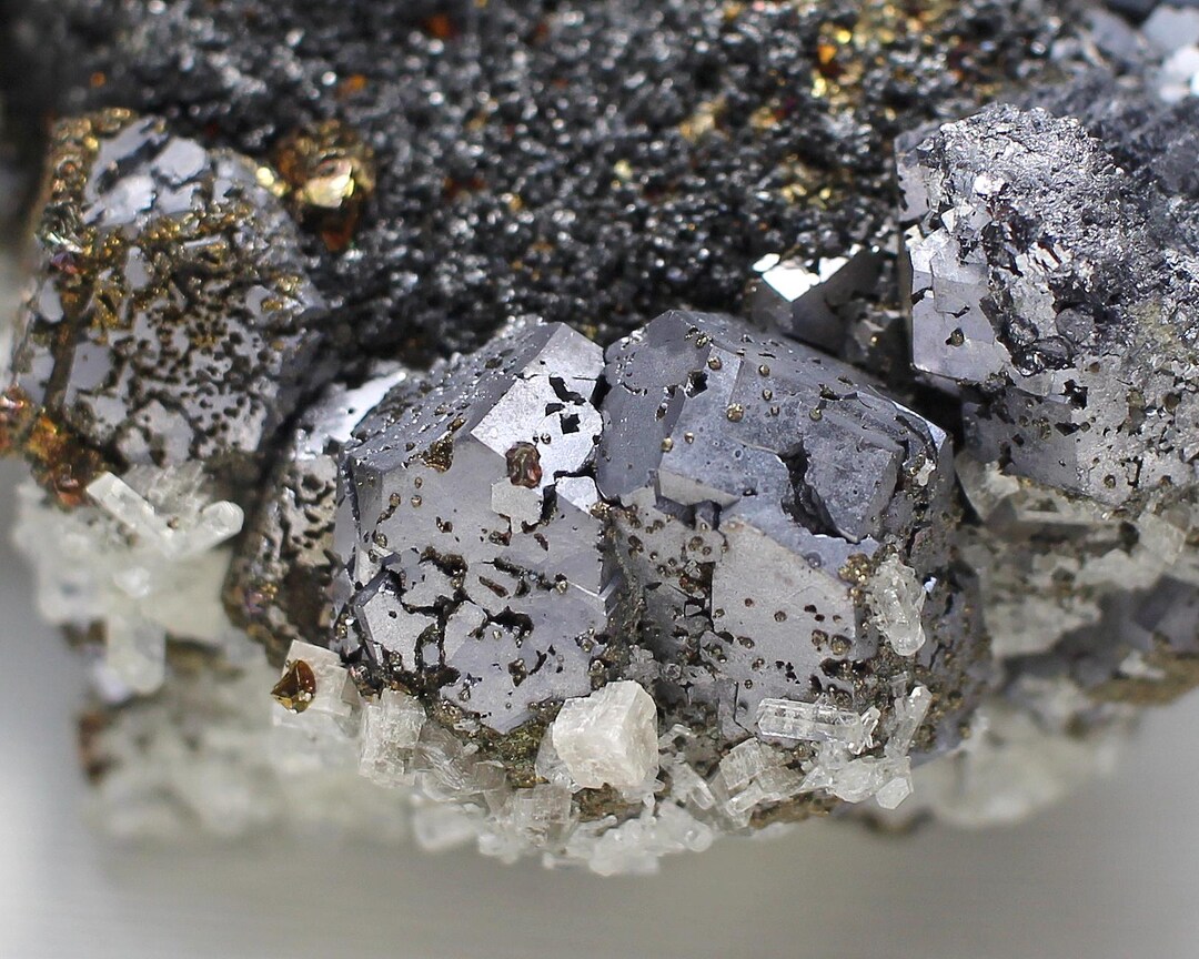 Galena Crystals and Barrel Calcite With Minor Chalcopyrite and Black ...