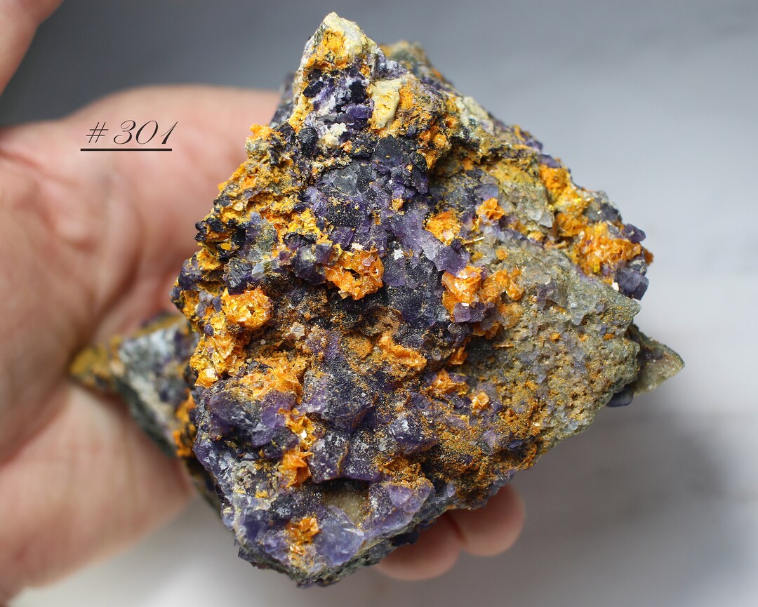 Rare! Large Specimen of Violet Fluorite With Orange Wulfenite Crystals ...