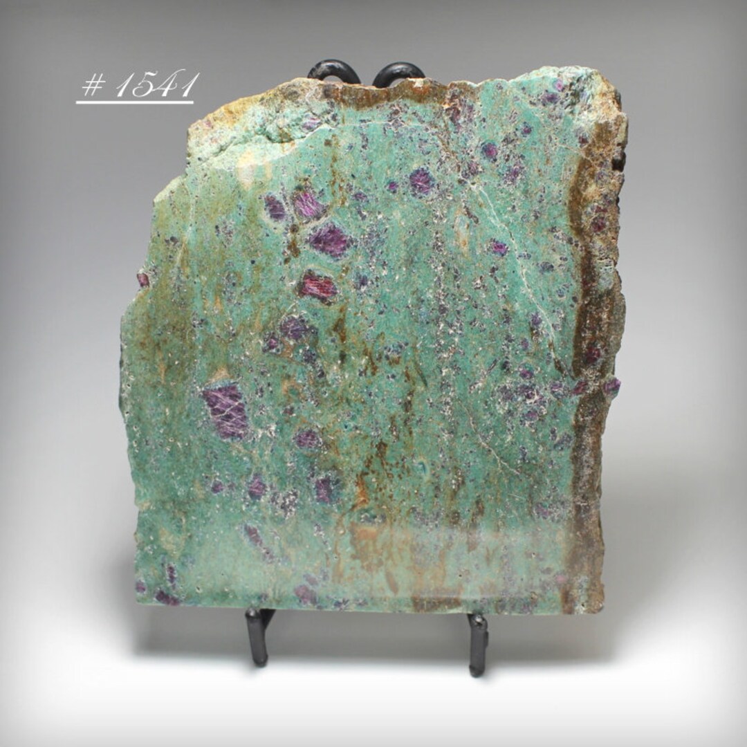 Thick Slab of Ruby red Corundum Crystals in Green Zoisite, Face ...
