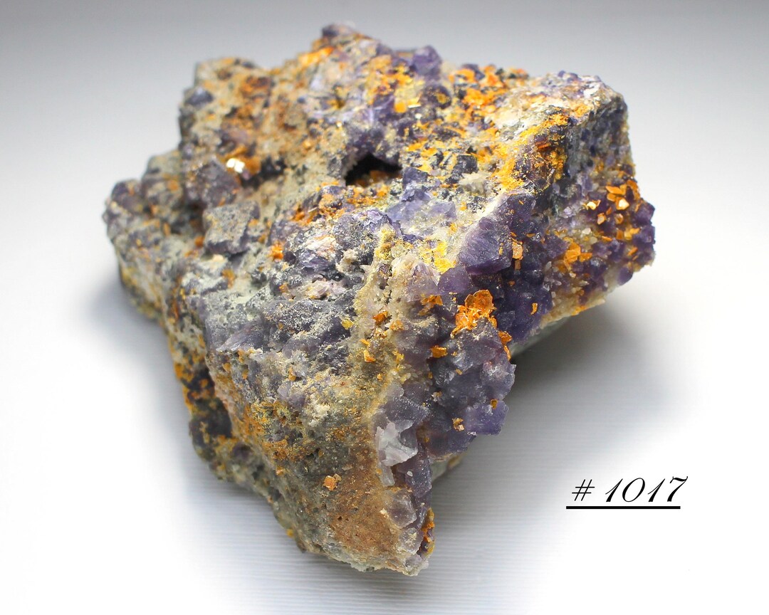 Rare! Large Specimen of Violet Fluorite With Orange Wulfenite Crystals ...