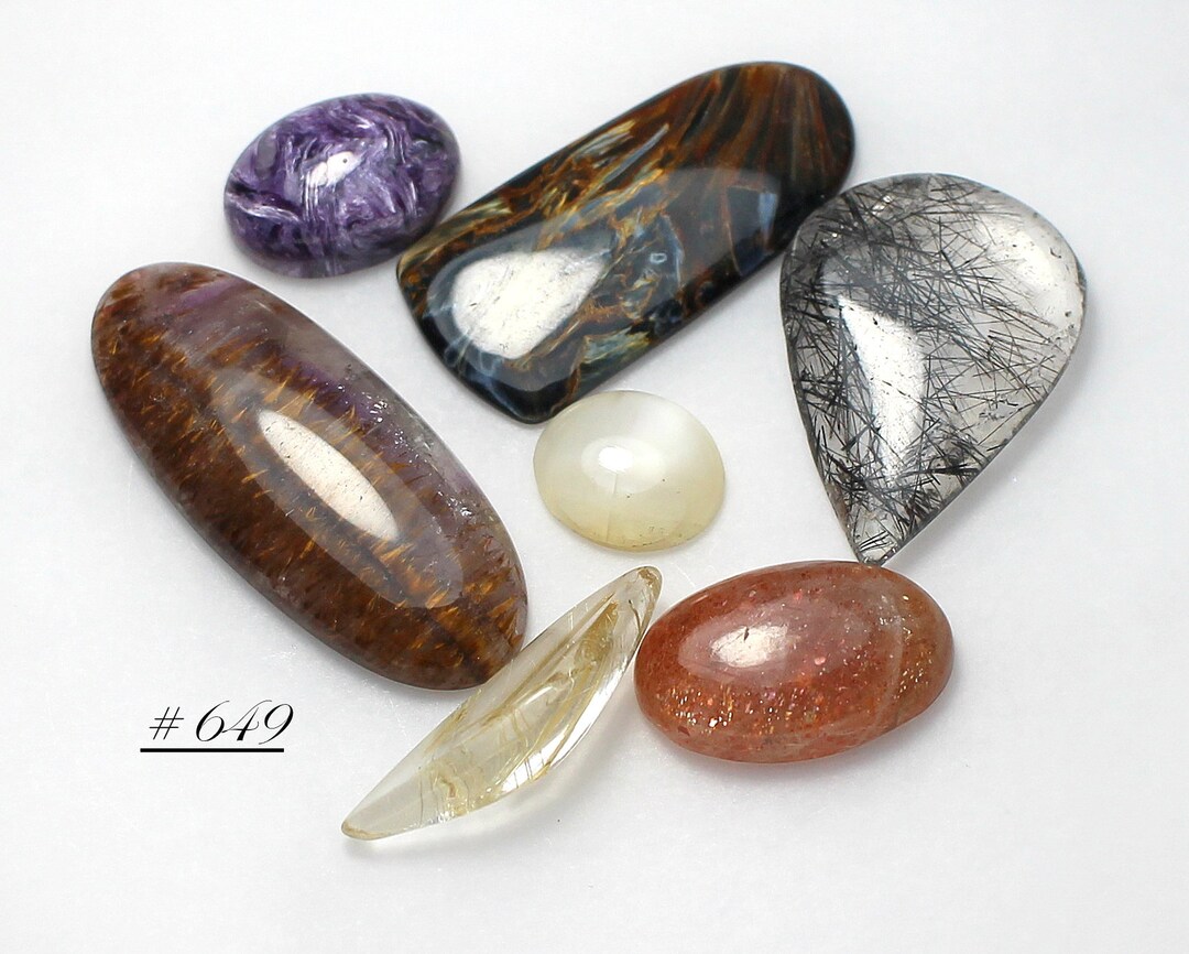 Top-notch Cabochon Gemstone Grouping: Charoite, Moonstone, Pietersite ...
