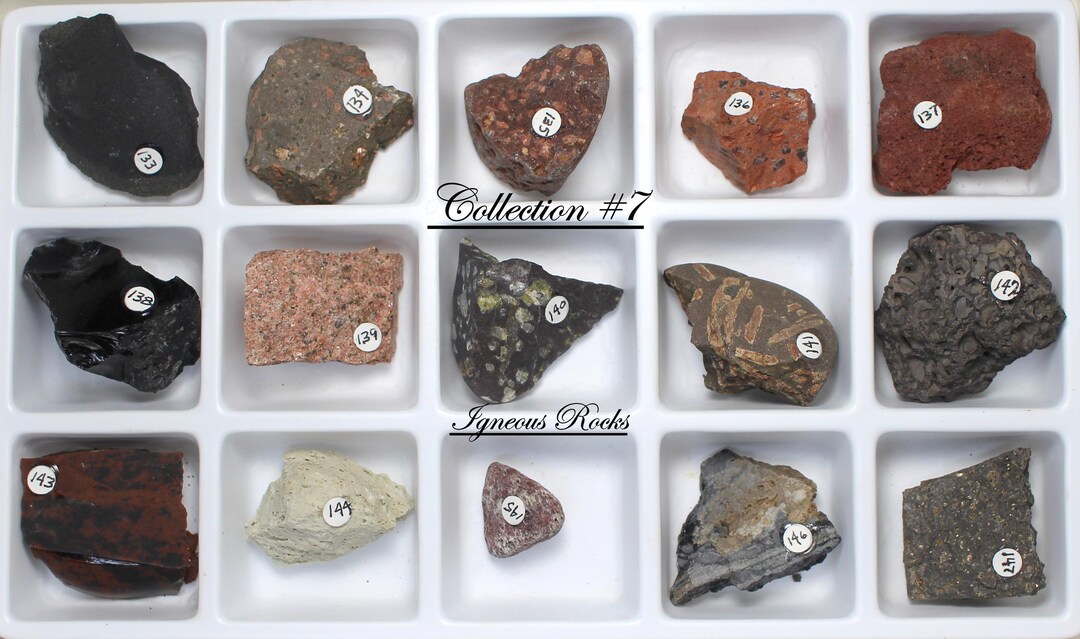 15 Pc. Handmade Rock Collection, Labeled, Numbered, With Display Box - Examples of Igneous Rocks ...