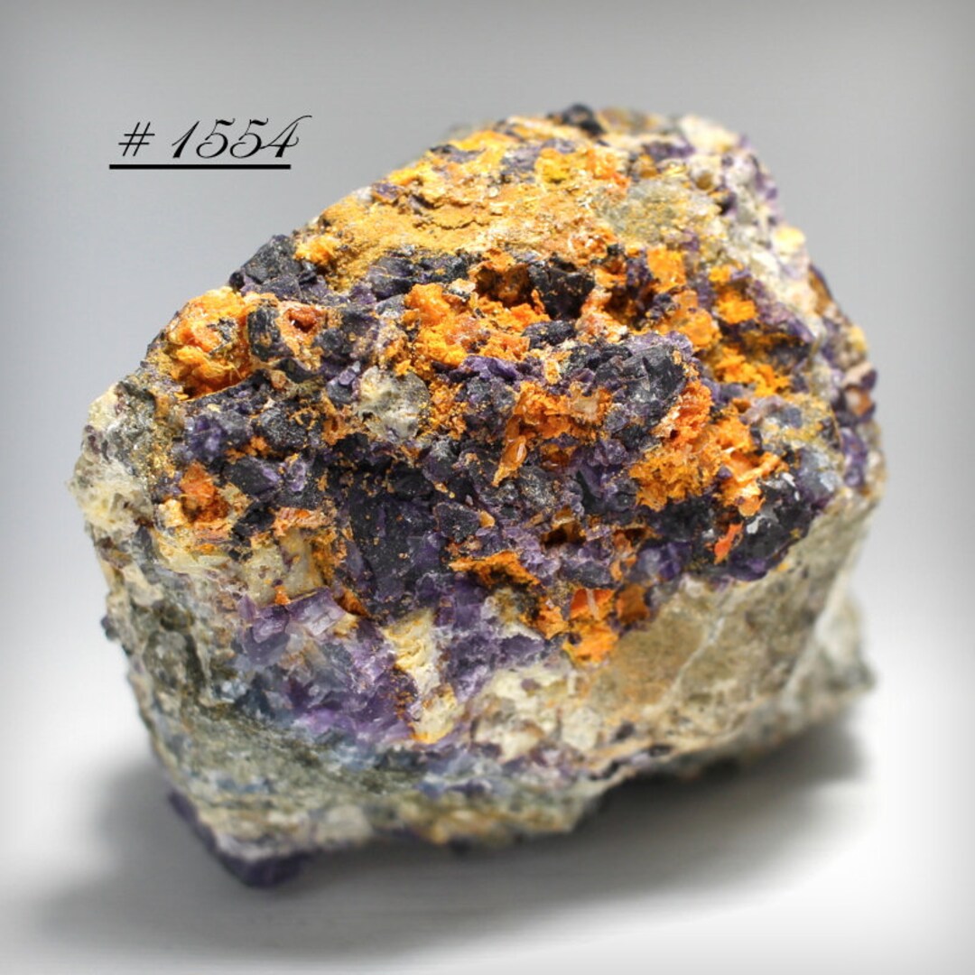 Rare! Large Specimen of Violet Fluorite With Orange Wulfenite Crystals ...