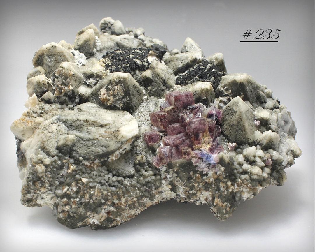 White Quartz, Purple and Blue Fluorite, Calcite, and Black, Botryoidal ...