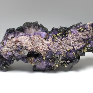 Purple Fluorite Cluster With Yellow and Clear Barite, Bitumen, and ...