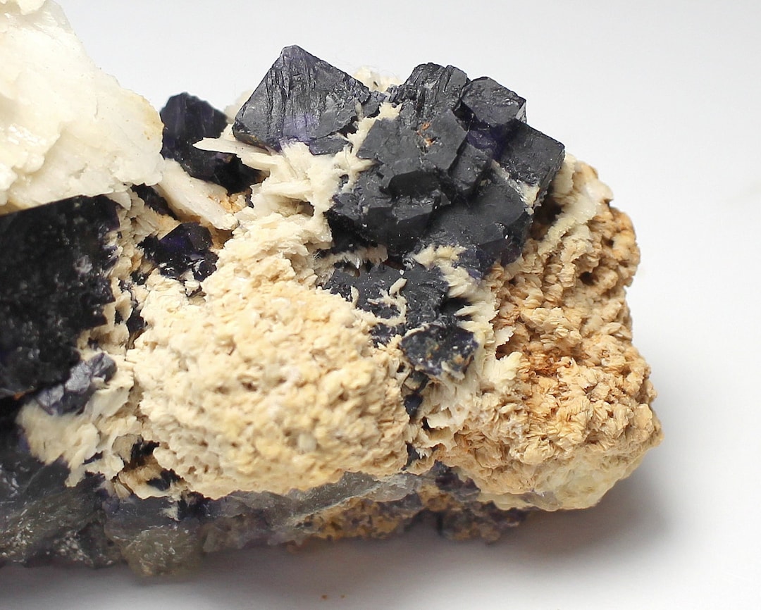 Purple Fluorite With Cream-colored Barite in Porous Tan Matrix, From ...