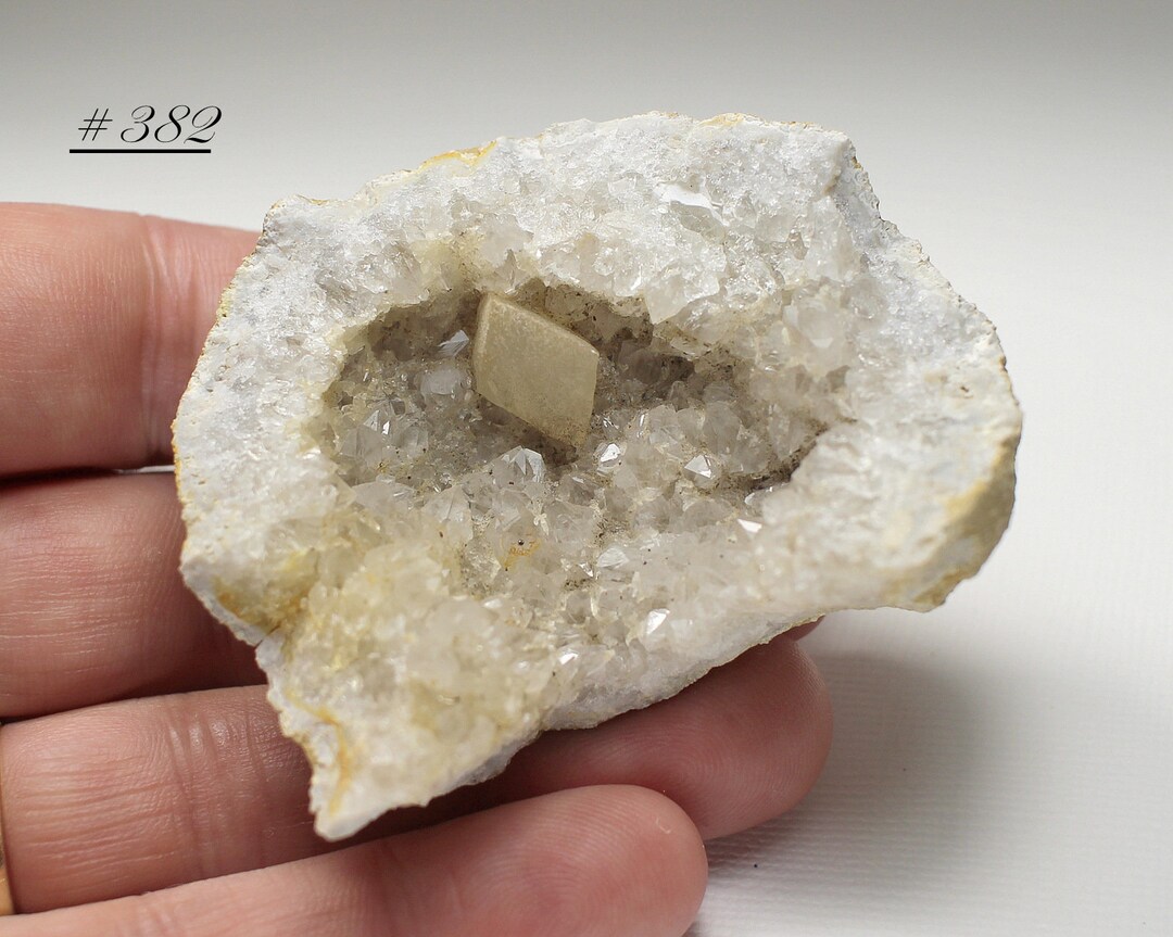 Keokuk Geode Perfect Yellow Rhombic Calcite Crystal on Quartz, One-half ...