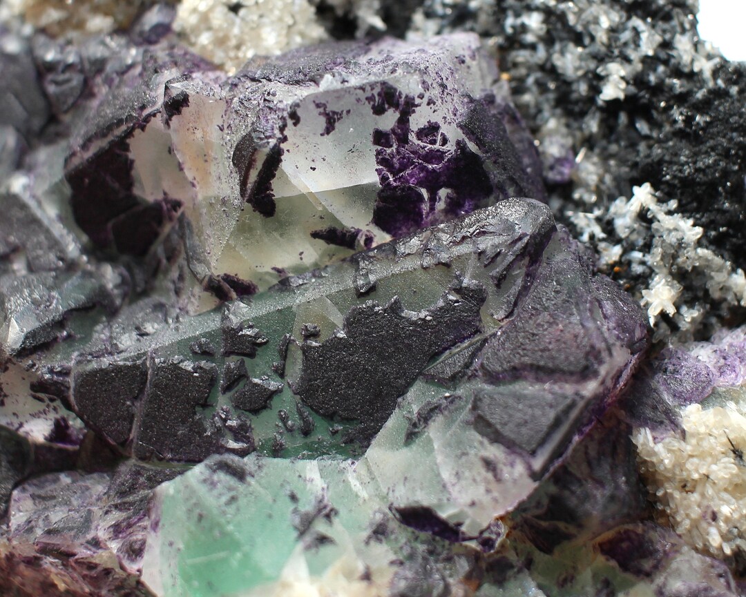Mint-green Octahedral Fluorite W/dark Purple Overgrowths, Smoky Quartz ...