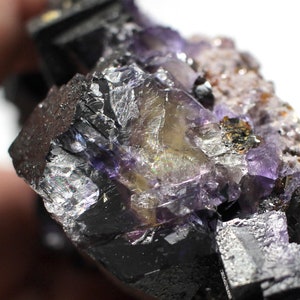 Purple Fluorite Cluster With Yellow and Clear Barite, Bitumen, and ...