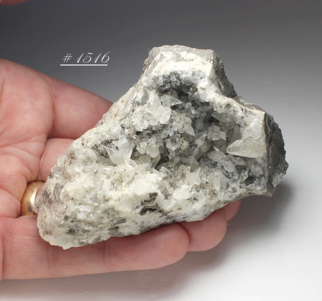 Dogtooth Calcite Lined Crystalline Pocket With Minor Pyrite, in Gray ...