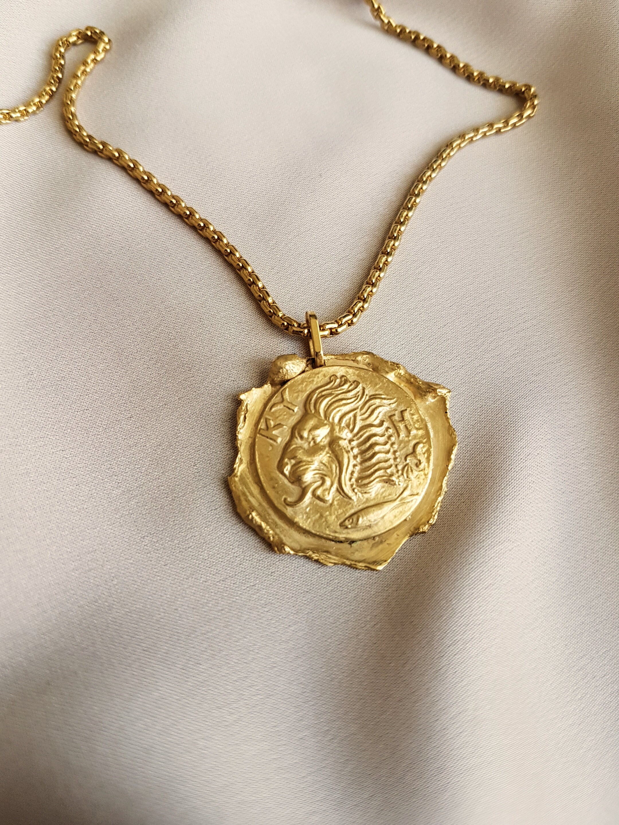 Vintage Style Lion Coin Charm Necklace Bathed in 24k Gold or Silver ...