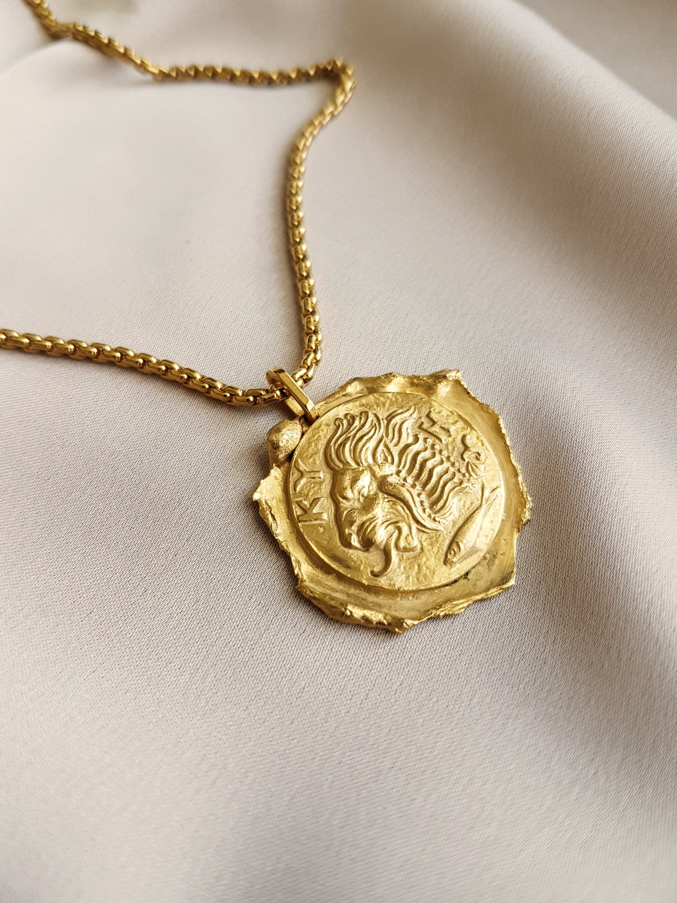 Vintage Style Lion Coin Charm Necklace Bathed in 24k Gold or Silver ...