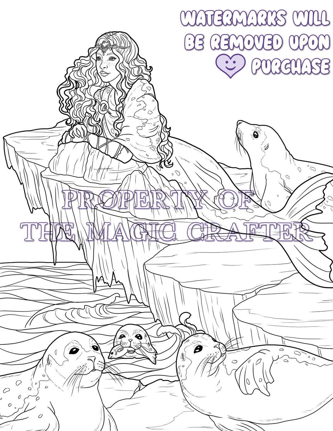 SELKIE MERMAID - Printable Seal Mermaid Coloring Page for Adults (a ...
