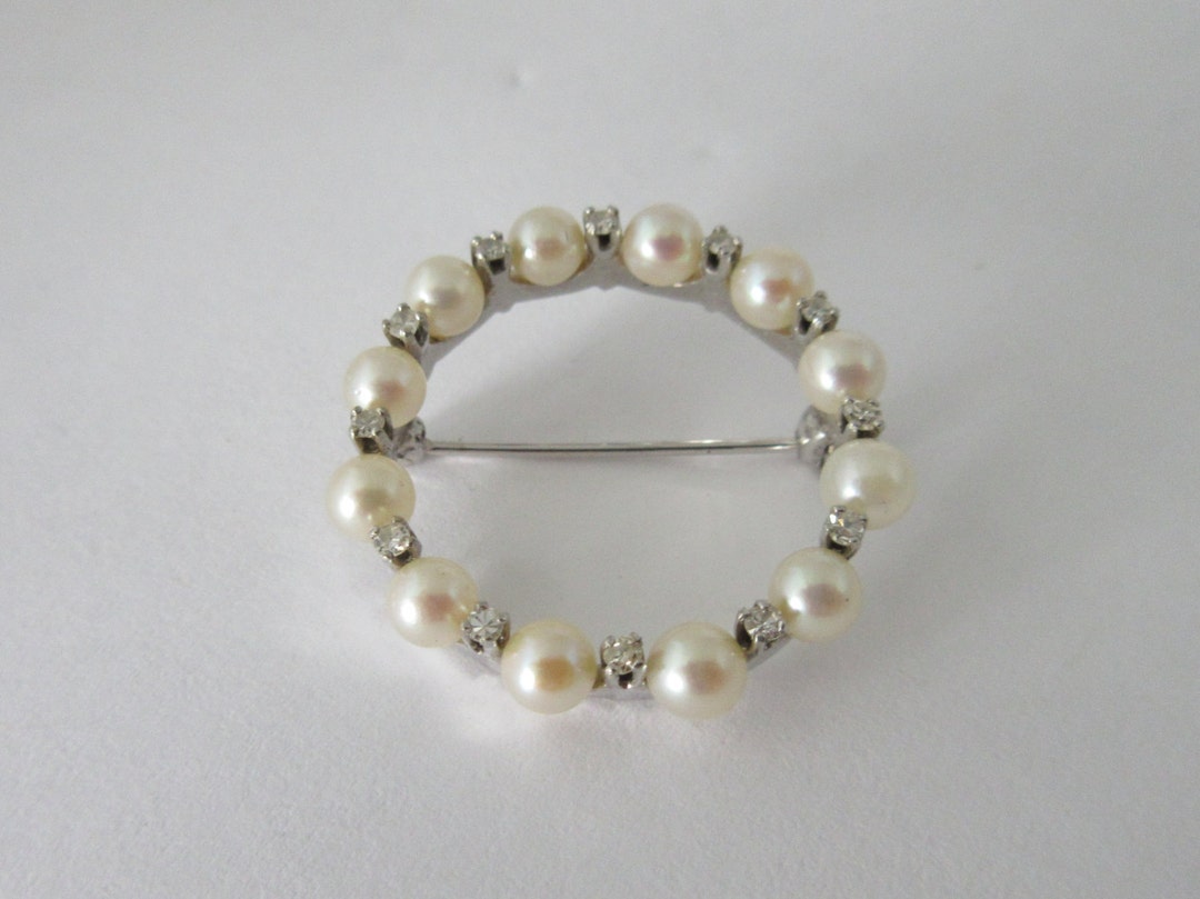 14k Vintage White Gold Pearl and Diamond Pin - Etsy