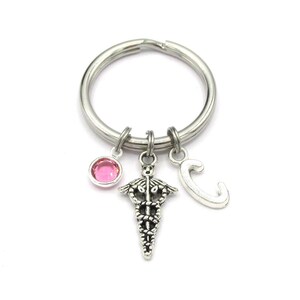 Caduceus Keychain- Birthstone and Initial, Caduceus Keyring, Caduceus ...