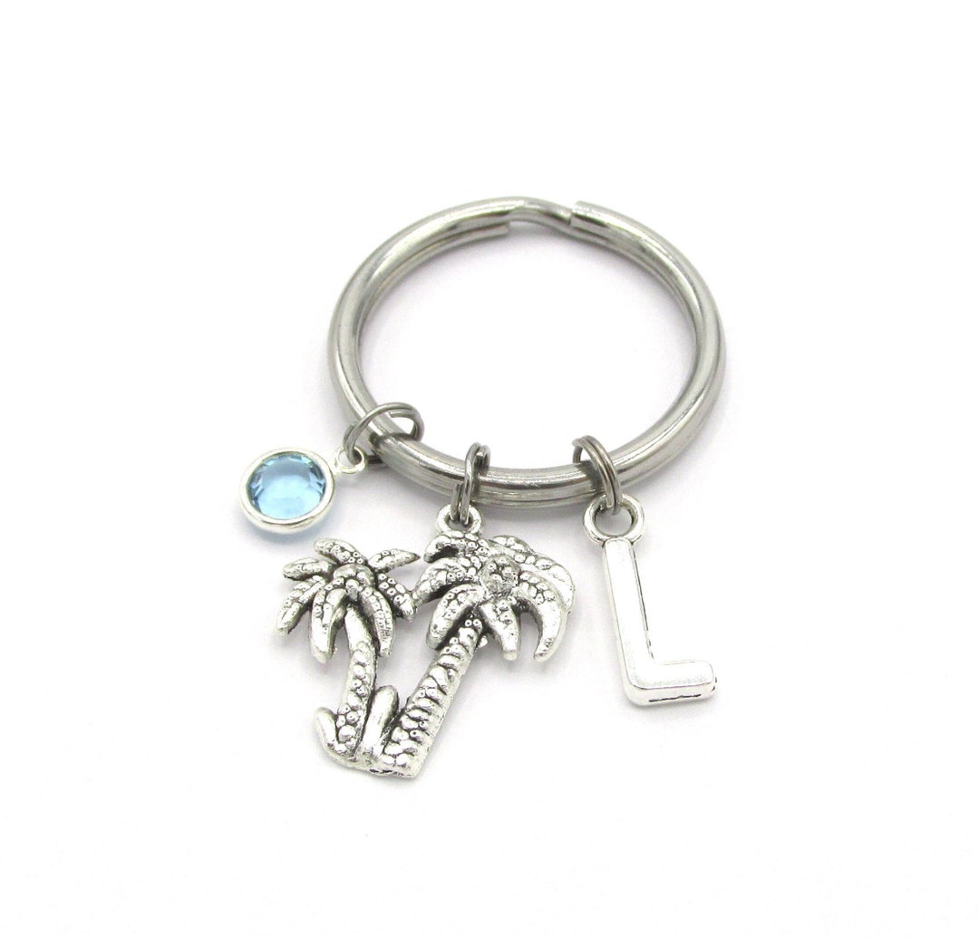 Palm Trees Keychain- Birthstone and Initial, Tropical Keyring, Beach ...