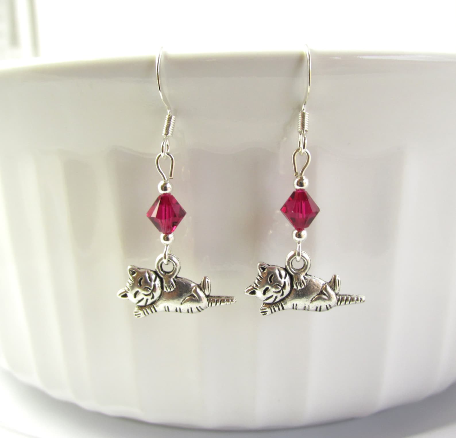 Cat Earrings Choose a Birthstone Cat Jewelry Cat Birthstone - Etsy