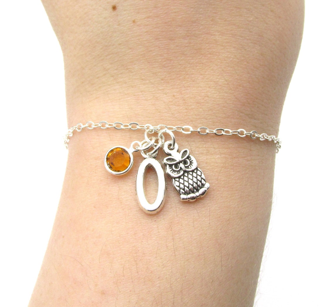 Owl Bracelet Choose a Birthstone and Initial Owl Jewelry - Etsy