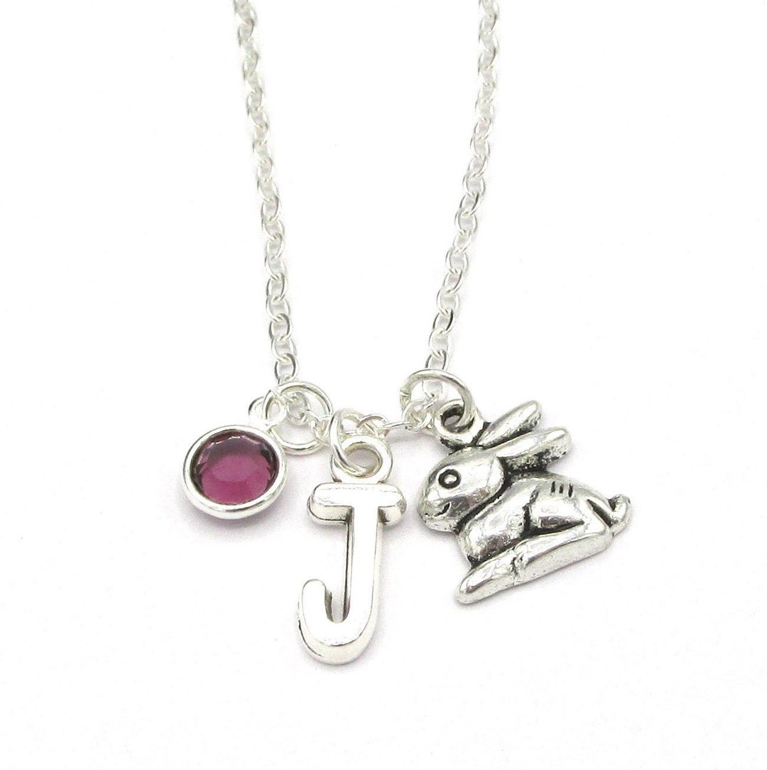 Rabbit Necklace Birthstone and Initial, Rabbit Jewelry, Rabbit Gift ...