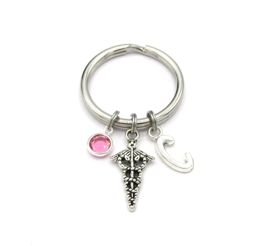 Caduceus Keychain- Birthstone and Initial, Caduceus Keyring, Caduceus ...