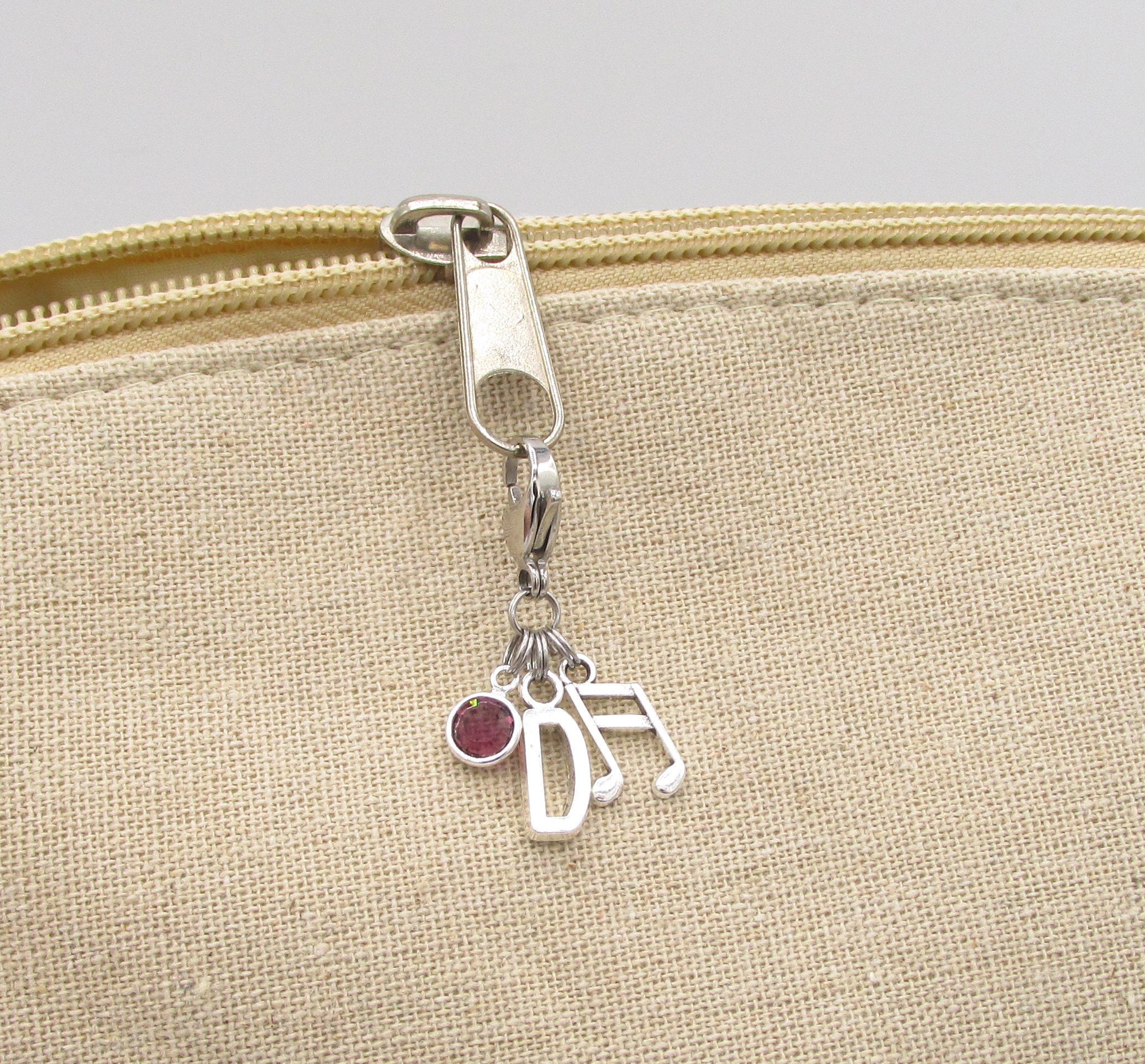 Music Zipper Charm- Birthstone and Initial, Music Zipper Pull, Music ...