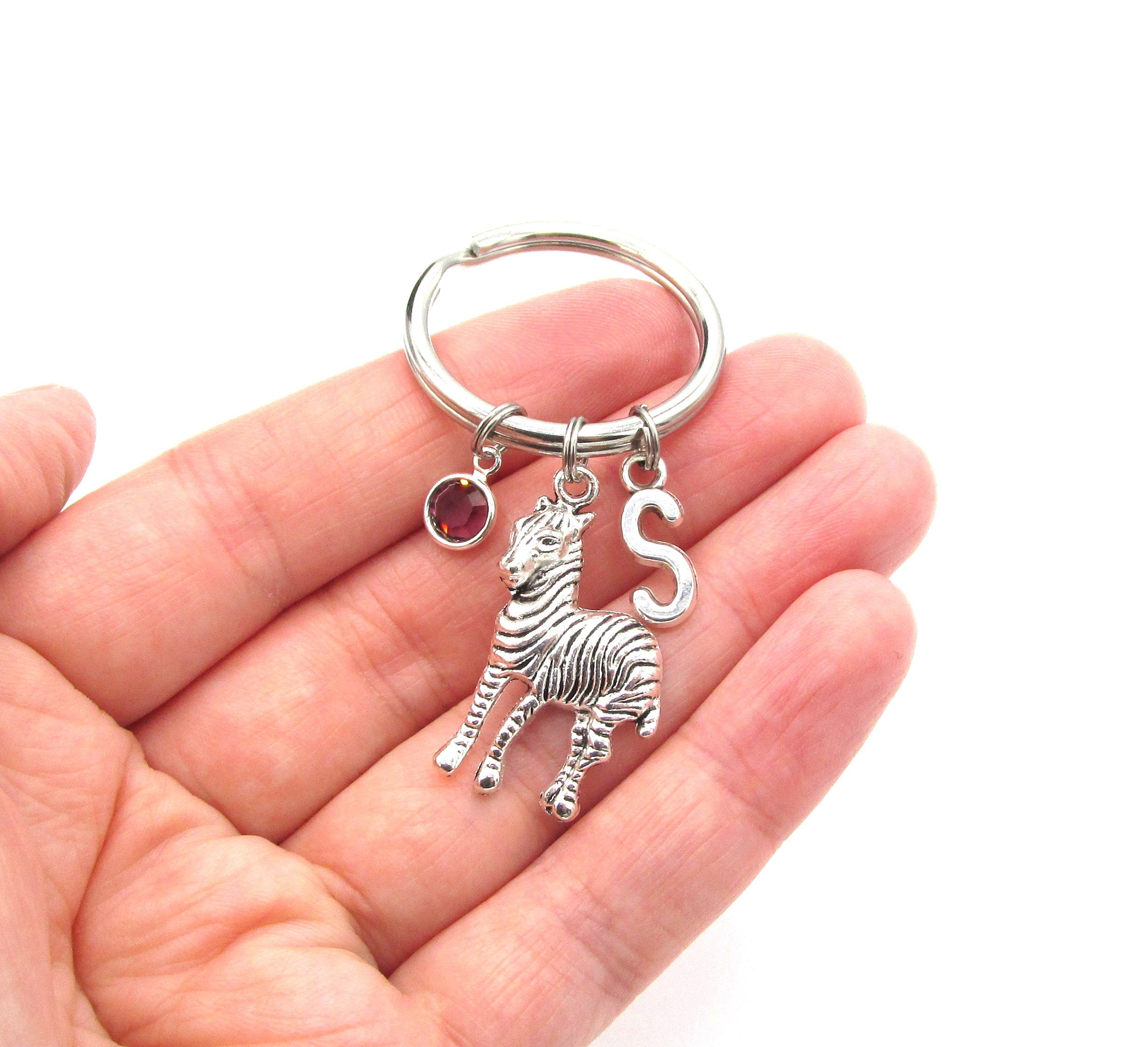 Zebra Keychain- Birthstone and Initial, Zebra Keyring, Zebra Gift ...