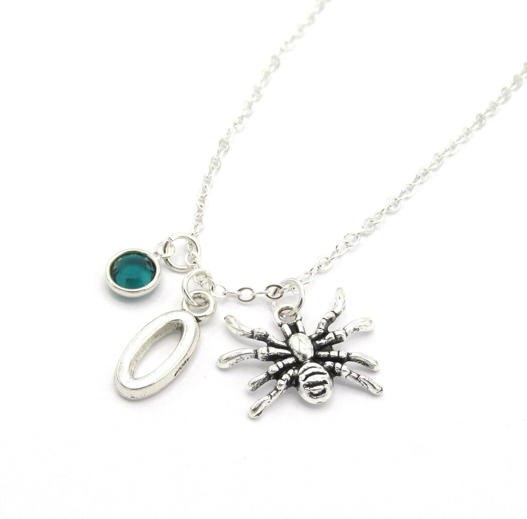 Spider Necklace Birthstone and Initial, Spider Jewelry, Spider Pendant ...