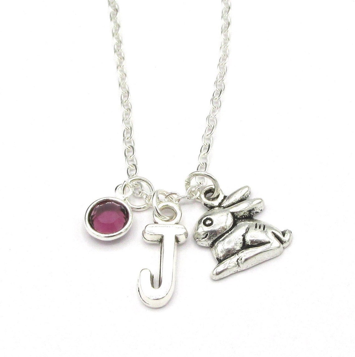 Rabbit Necklace- Birthstone and Initial, Rabbit Jewelry, Rabbit Gift ...