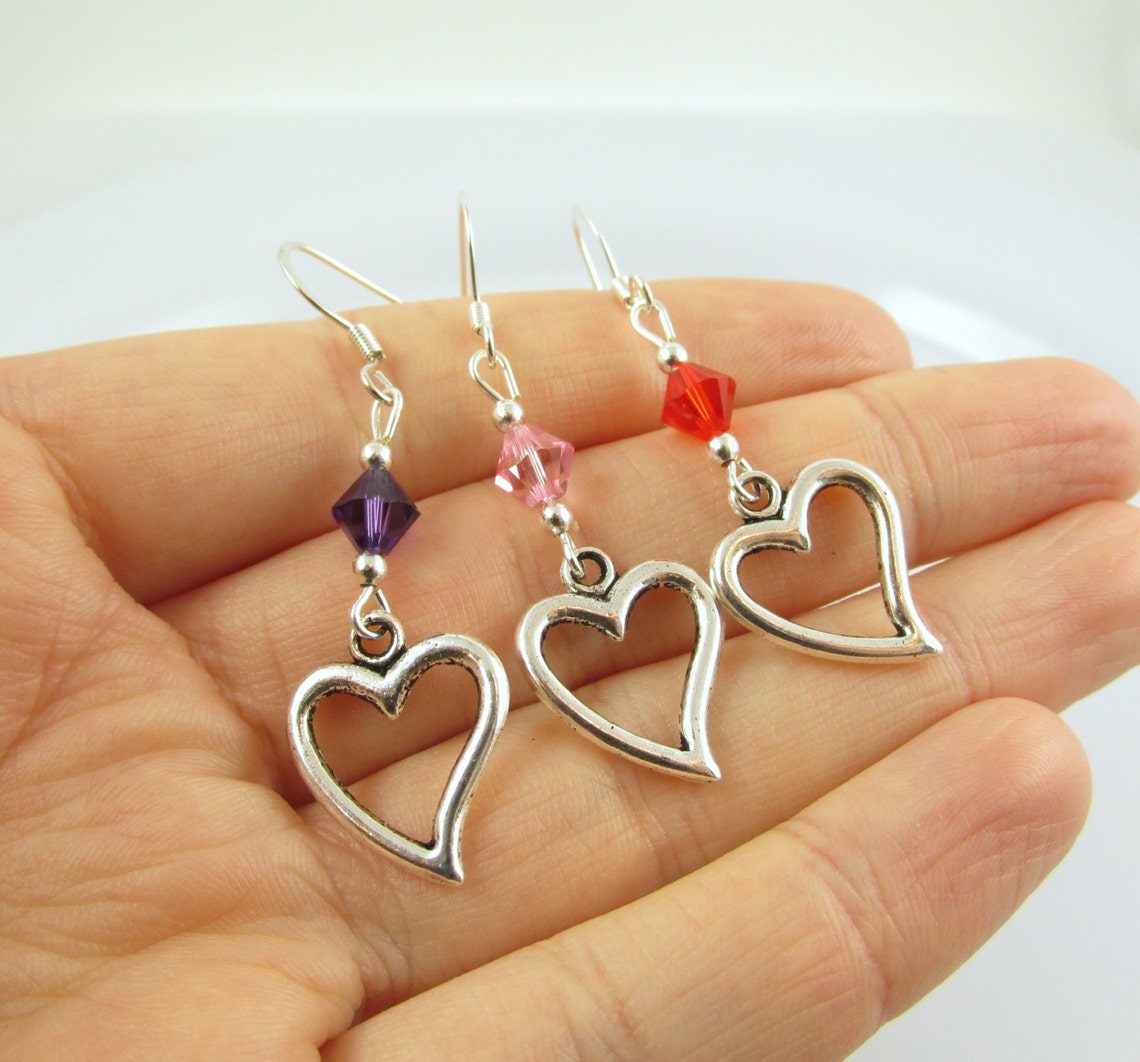Heart Earrings- Choose a Birthstone, Heart Jewelry, Heart Gift, Love ...