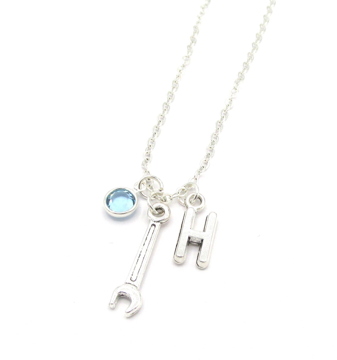 Wrench Necklace- Birthstone and Initial, Tool Charm Necklace, Tool ...