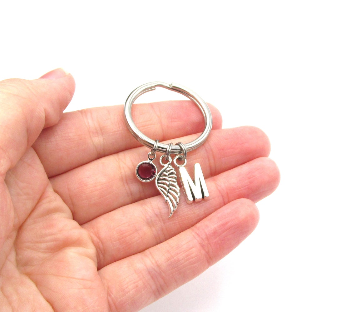 Wing Keychain birthstone and initial Wing Keyring Wing | Etsy