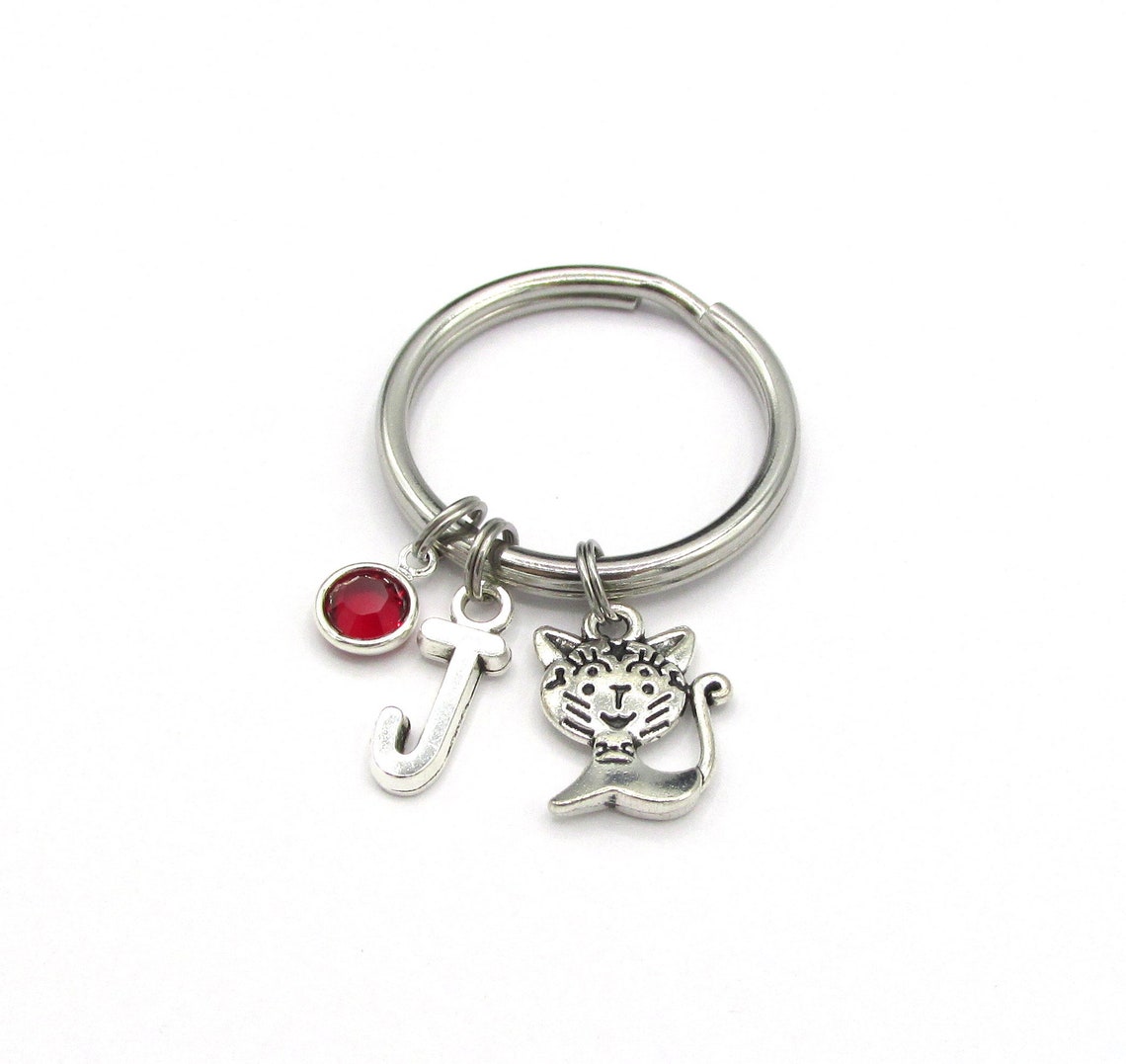Cat Keychain birthstone and initial Cat Key Ring Cat Gift | Etsy