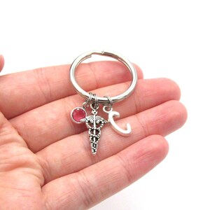 Caduceus Keychain- Birthstone and Initial, Caduceus Keyring, Caduceus ...