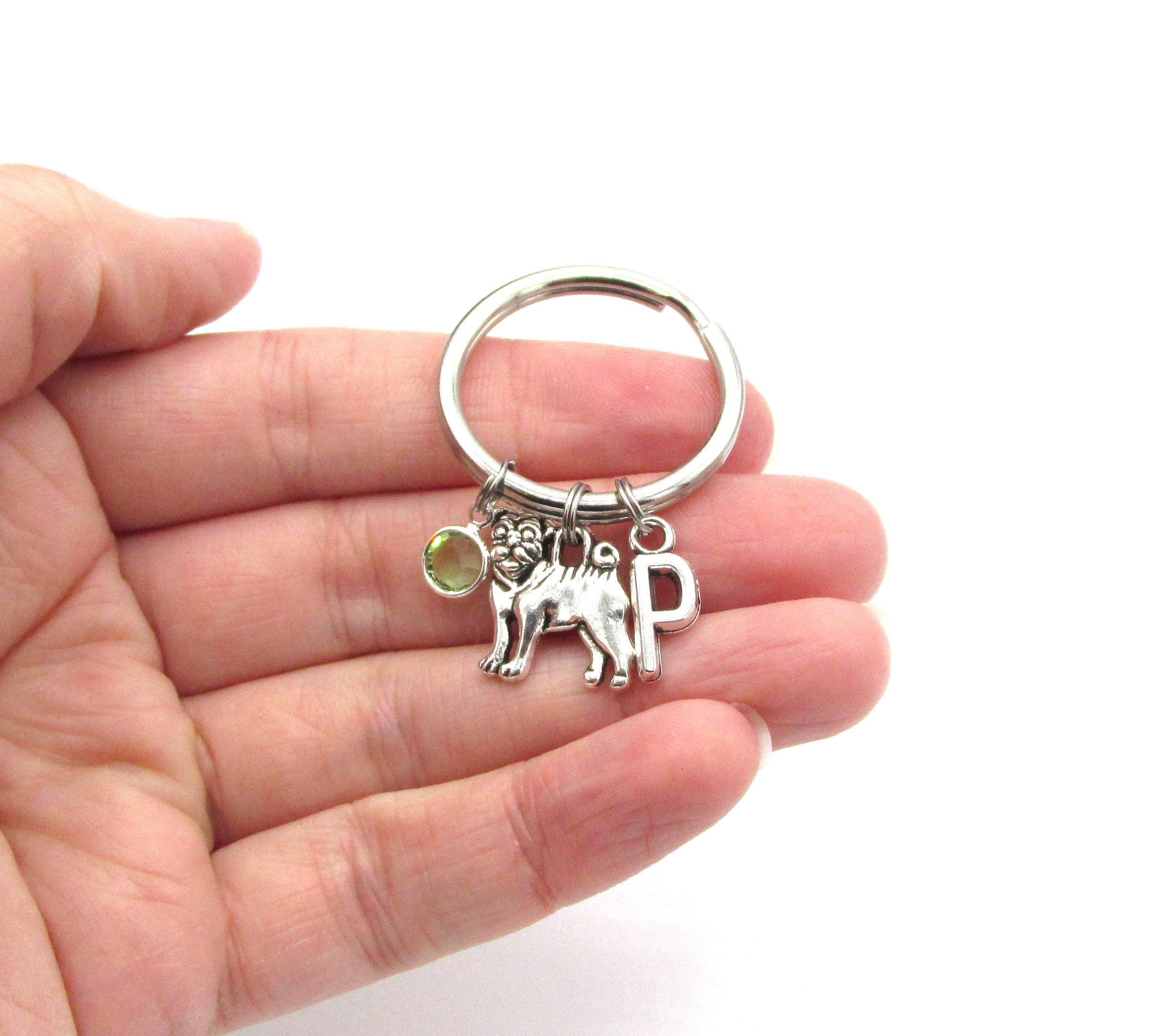 Pug Keychain Birthstone and Initial Pug Keyring Pug Gift - Etsy