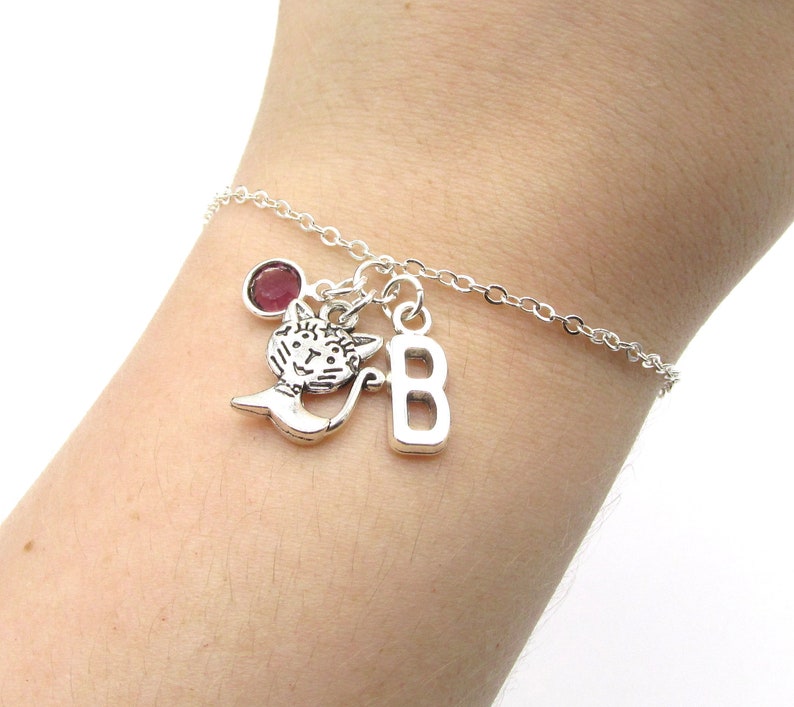 Cat Bracelet Birthstone and Initial Cat Jewelry Cat Gift | Etsy
